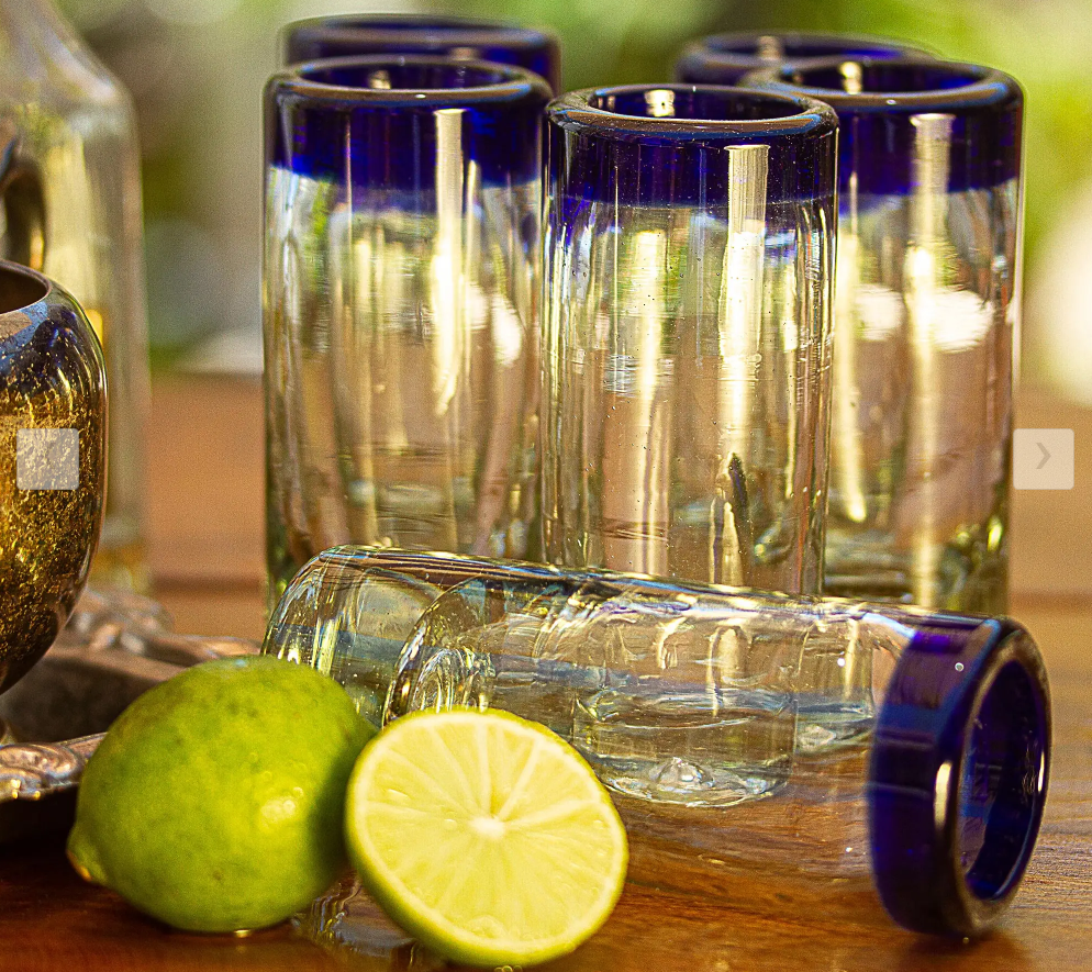 Hand Blown Recycled Glass Blue Rim Juice Glasses (Set of 4) Review ...